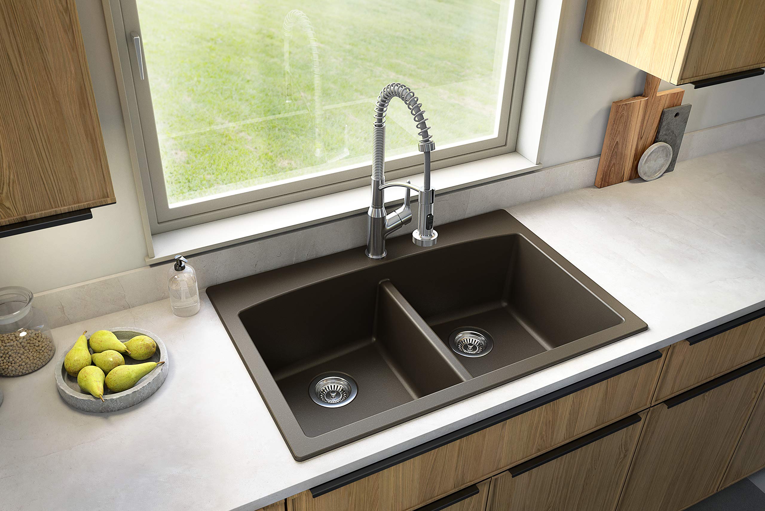 Karran QT-710 Drop-In Quartz Composite 33 in. 1-Hole 50/50 Double Bowl Kitchen Sink Kit in Brown