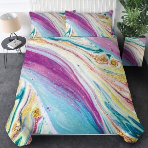 sleepwish marble duvet cover set modern liquid marble colorful duvet cover 3 pieces abstract rainbow bedspreads full king size（purple turquoise and gold）