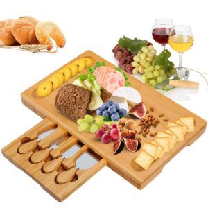 Bamboo Cheese Board and Knife Set, Cheese Plate Charcuterie Platter Serving Tray for Wine, Crackers, Brie and Meat, Large Thick Wooden Server, Fancy House Warming Gift for Gourmets (16''x10'')