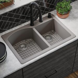 Karran QT-610 Drop-In Quartz Composite 33 in. 1-Hole 60/40 Double Bowl Kitchen Sink Kit in Concrete