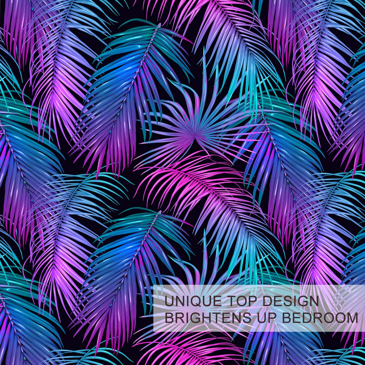 BlessLiving Palm Leaf Bedding Neonl Tropical Leaves on Black Duvet Cover Set 3 Piece Girly Modern Bedspreads Queen Size Pink Teal Purple and Blue