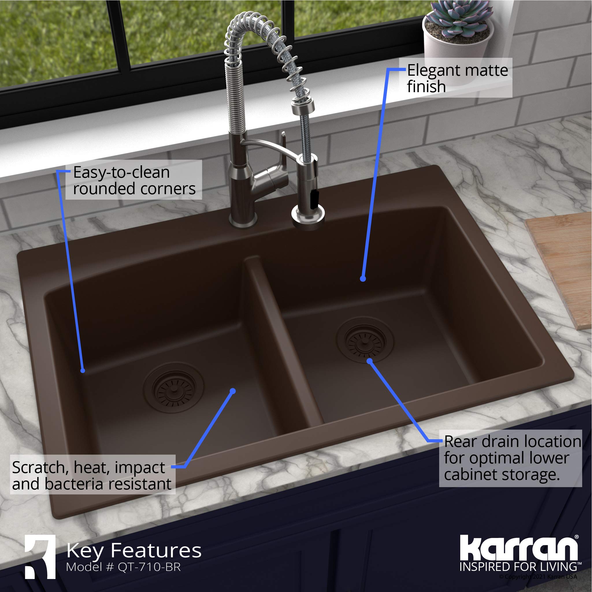 Karran QT-710 Drop-In Quartz Composite 33 in. 1-Hole 50/50 Double Bowl Kitchen Sink Kit in Brown