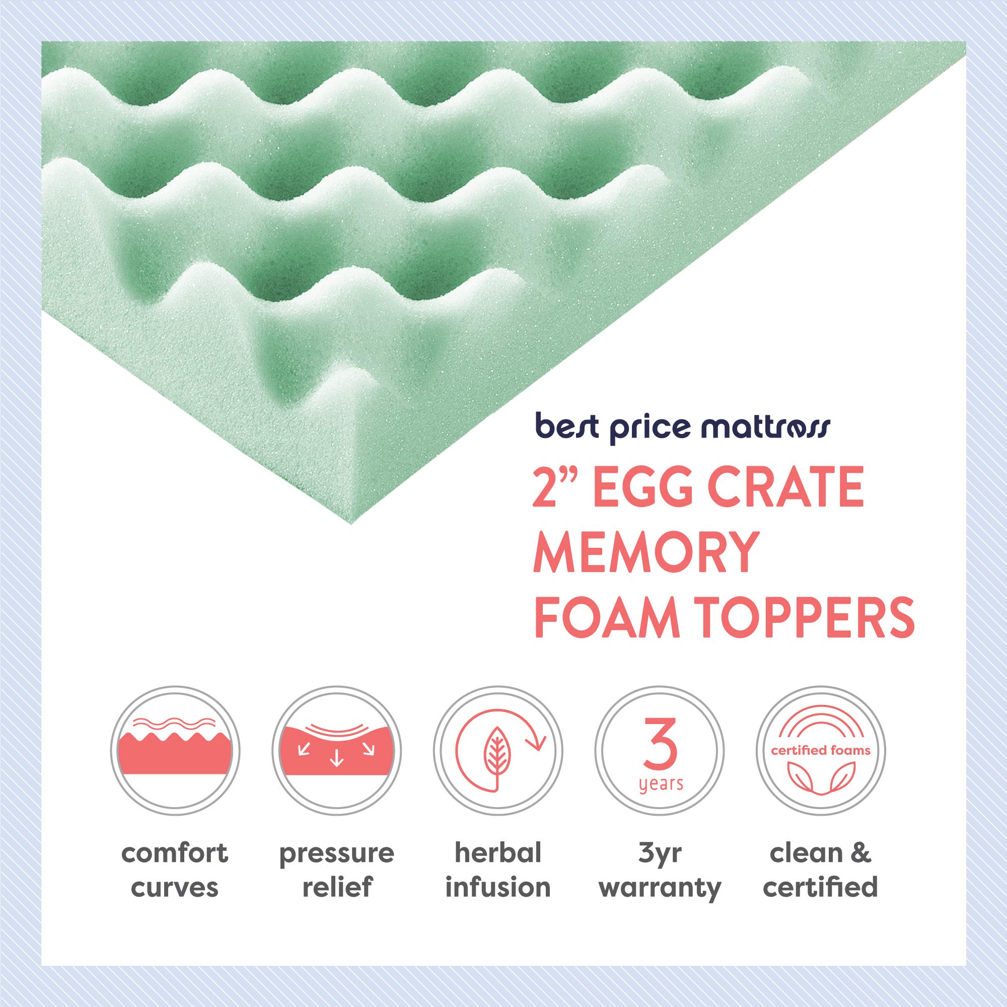 Best Price Mattress 2 Inch Egg Crate Memory Foam Mattress Topper with Calming Aloe Infusion, CertiPUR-US Certified, Twin Green