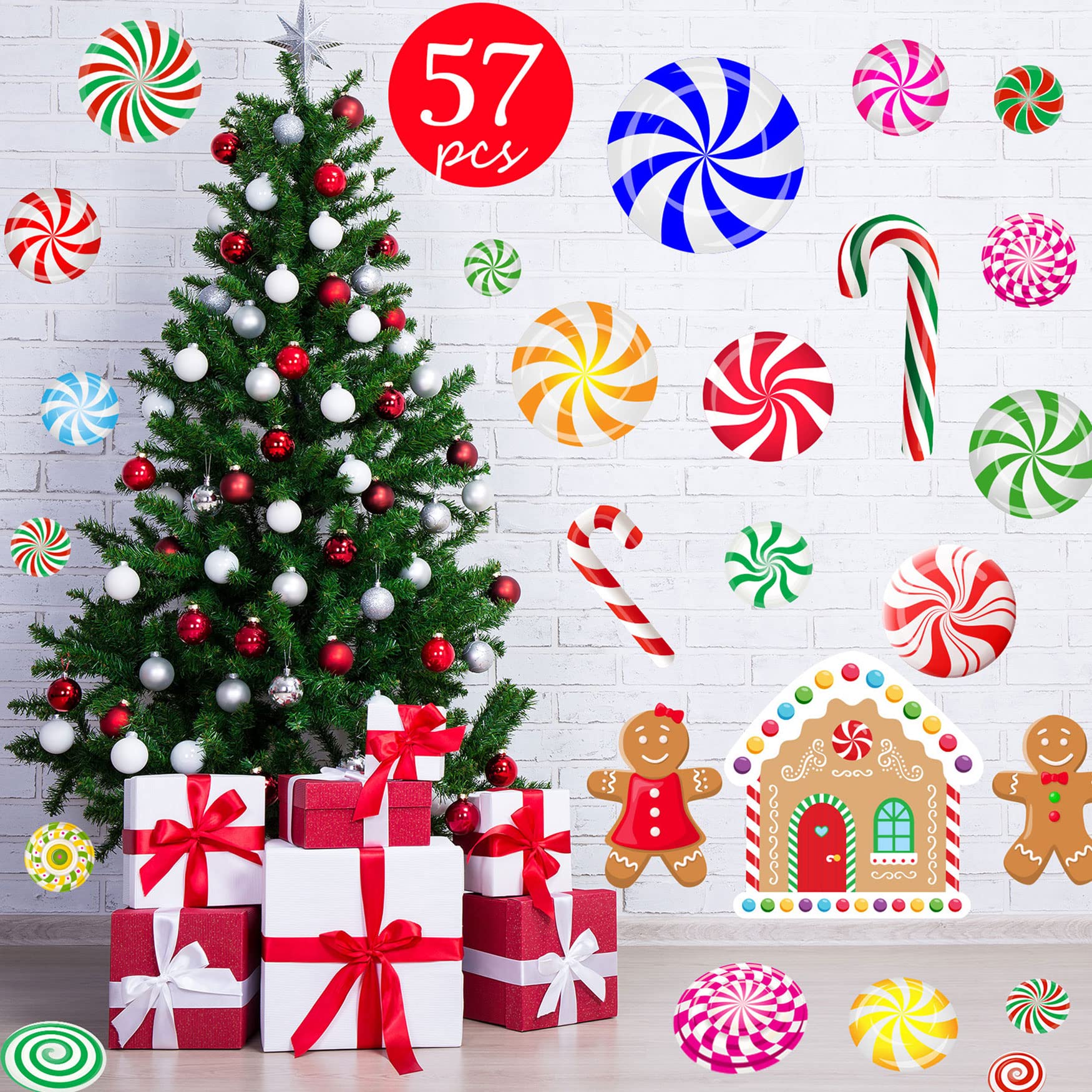 Funnlot 57PCS Peppermint Floor Decals Christmas Wall Stickers Christmas Decals for Wall Christmas Stickers for Wall Candy Wall Stickers Christmas for Candyland Decoration