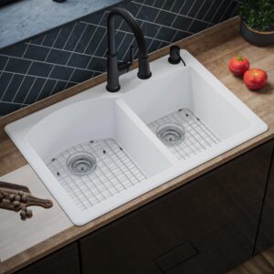 Karran QT-610 Drop-In Quartz Composite 33 in. 1-Hole 60/40 Double Bowl Kitchen Sink Kit in White