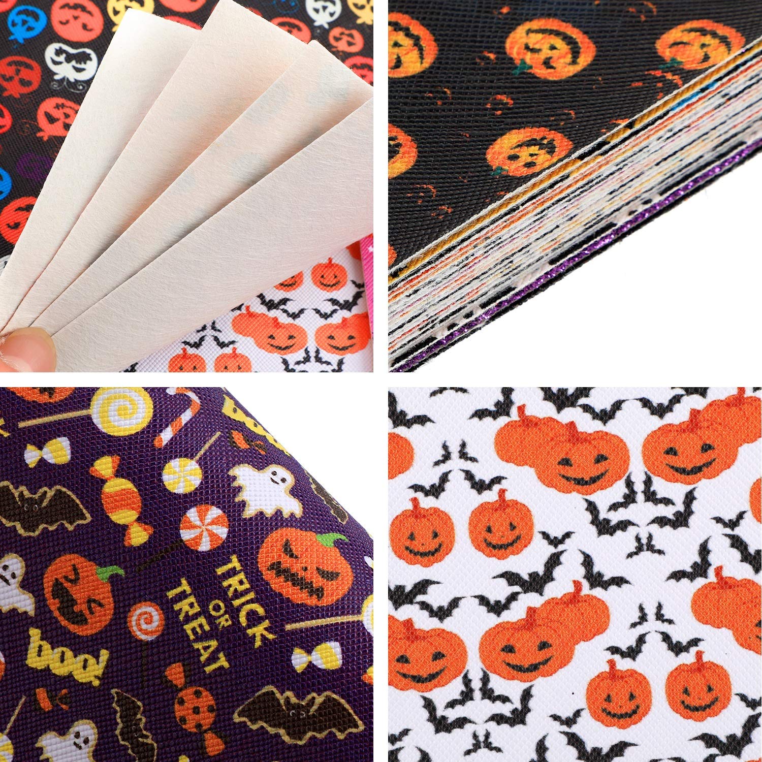 20 Pieces Halloween Faux Leather Sheets Halloween Pattern Fabric Sheets Ghost Pumpkin Spider Printed Faux Leather Fabric Glitter Light Fabric Sheets for DIY Halloween Craft Making, 8.3 x 6.3 Inch