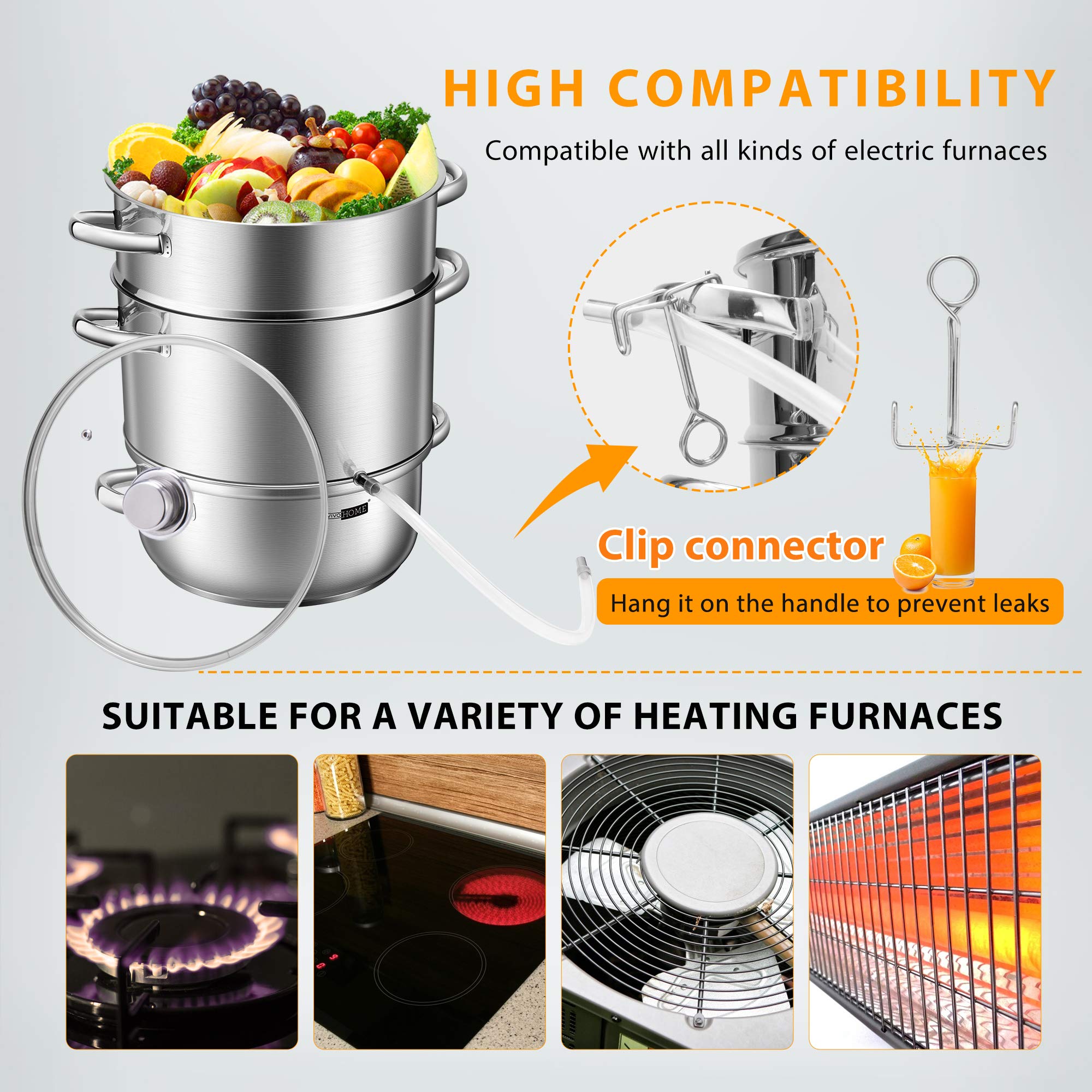 VIVOHOME Stainless Steel Juice Steamer Extractor Fruit Vegetables Juicer Steamer Pot 24 cm 8.5 Qt with Tempered Glass Lid, Hose, Clamp, Loop Handles