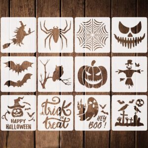 12 pieces halloween stencils reusable plastic halloween theme drawing stencils for painting on wood walls fabrics window, 7.9 inches