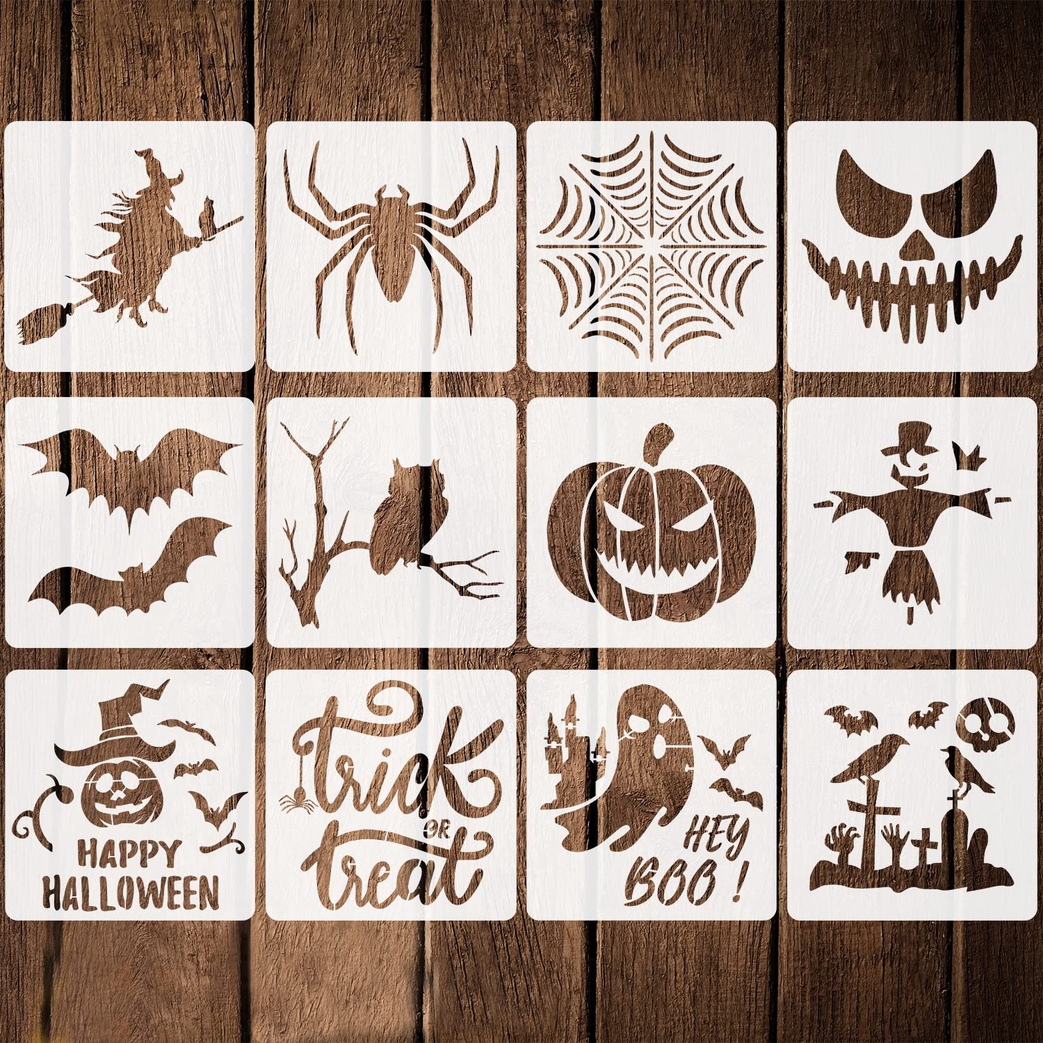 12 Pieces Halloween Stencils Reusable Plastic Halloween Theme Drawing Stencils for Painting on Wood Walls Fabrics Window, 7.9 Inches