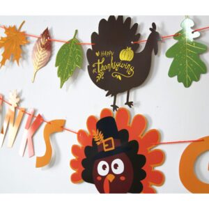 Thanks Giving Banners(Pre-Assembled) Maple Leaves Pumpkins Turkeys Banner for Thanksgiving Day, Happy Thanksgiving Fall Party Sign Banner Garland Decoration for Mantle Dinner Table Fireplace