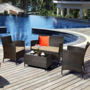 luarane 4-piece rattan patio furniture set, outdoor wicker sofa couch table set, w/thick seat cushions tempered glass coffee table, conversation set for lawn garden poolside backyard (brown)