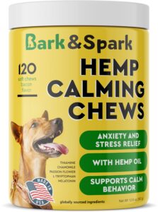 bark&spark calming hemp treats for dogs - made in usa with hemp oil - anxiety relief - separation aid - stress relief during fireworks, storms, thunder - aggressive behavior, barking - 120 soft chews