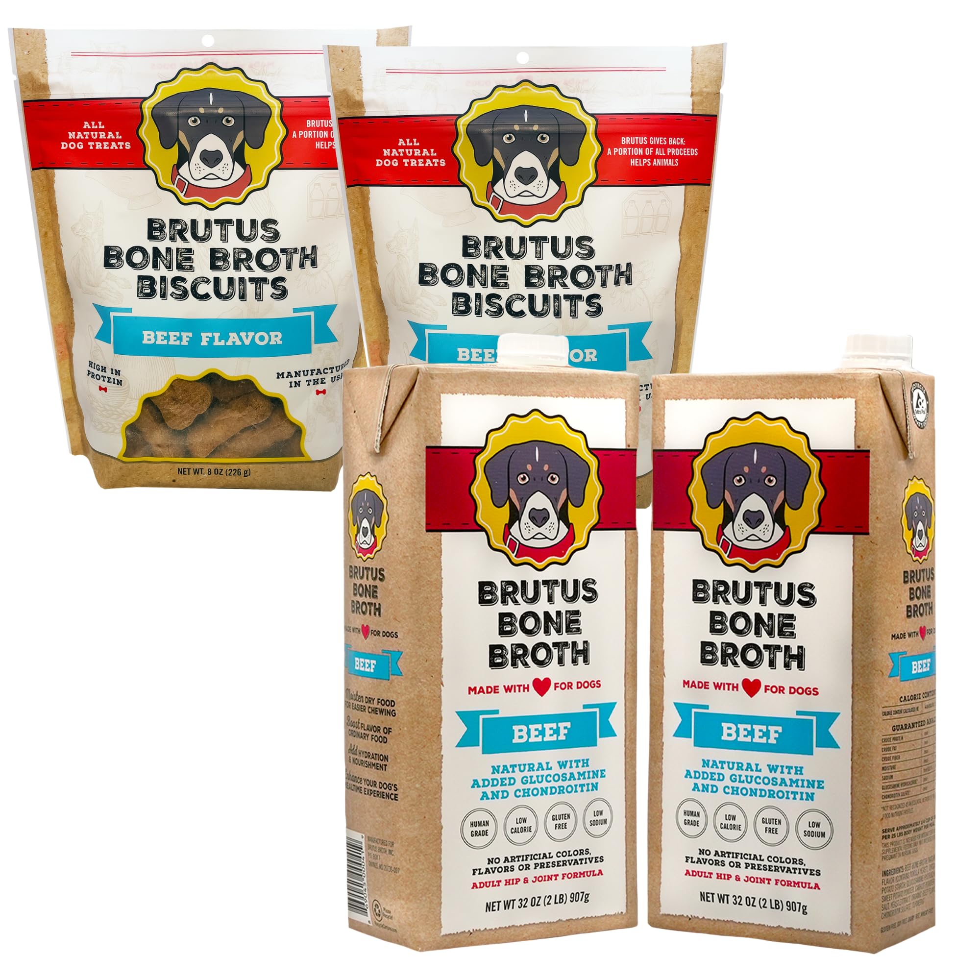 Brutus Bone Broth for Dogs (Beef, 2-Pack) and Brutus Broth Dog Biscuits (Beef, 2-Pack) Bundle