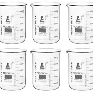 EISCO 6PK Heavy Duty Beaker, 1000ml - 5mm Thick, Uniform Walls - Superior Durability & Chemical Resistance - White Graduations - Borosilicate 3.3 Glass