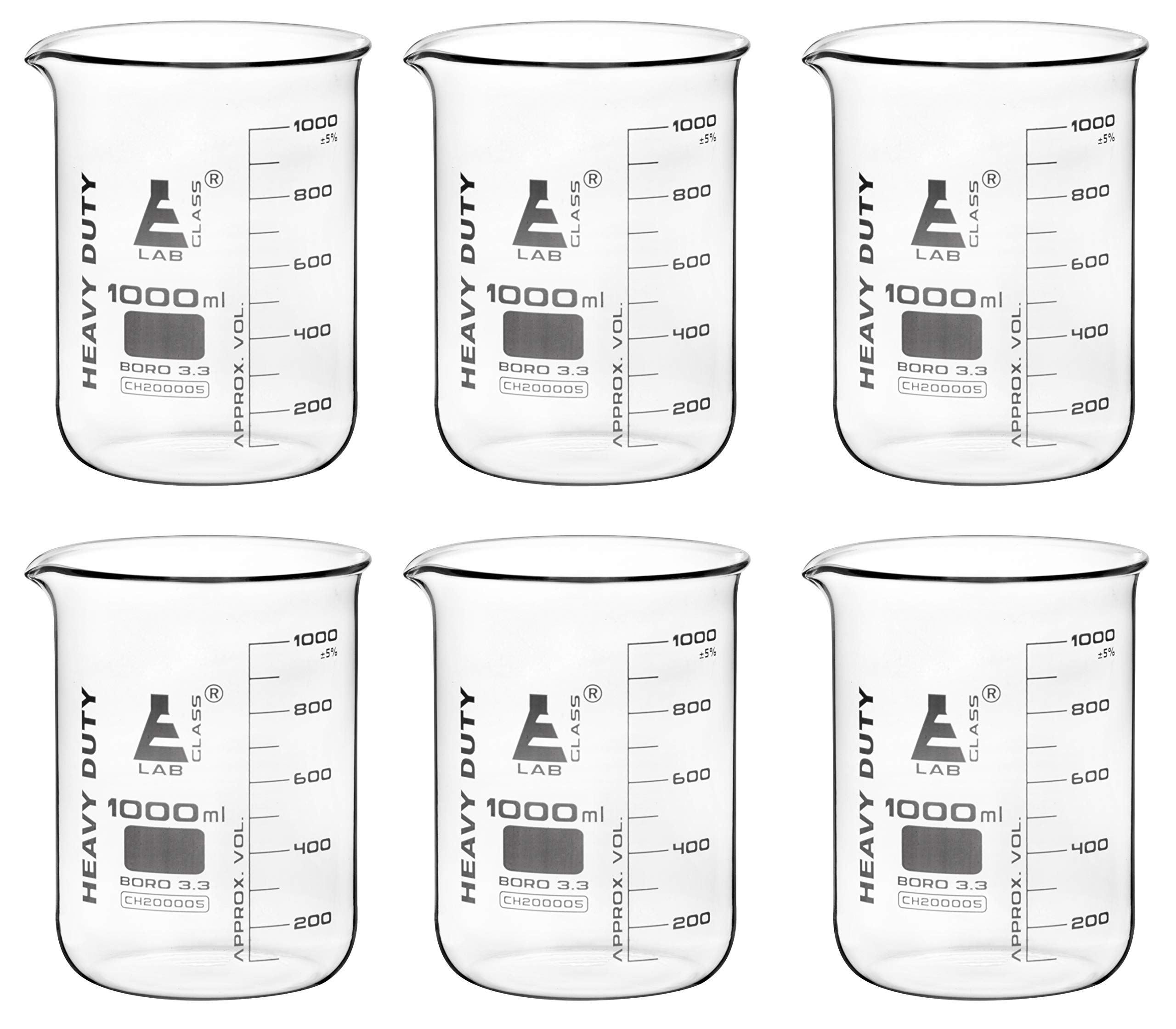 EISCO 6PK Heavy Duty Beaker, 1000ml - 5mm Thick, Uniform Walls - Superior Durability & Chemical Resistance - White Graduations - Borosilicate 3.3 Glass