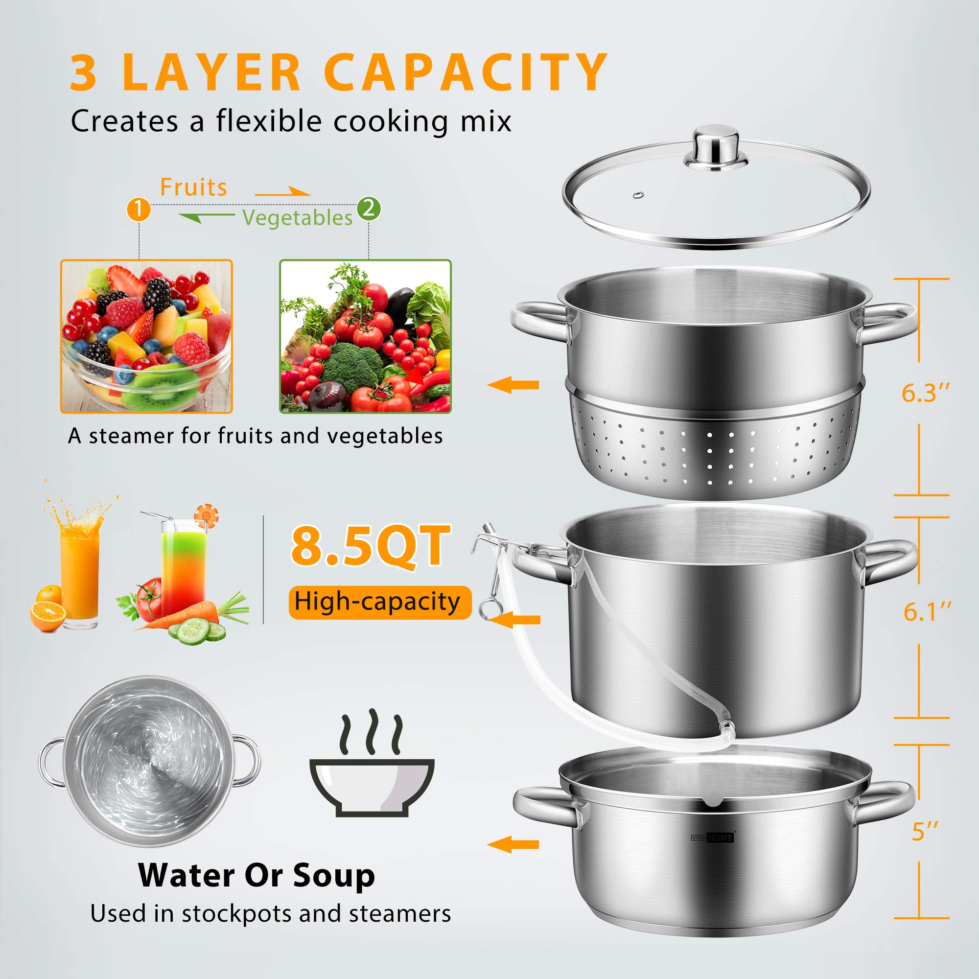 VIVOHOME Stainless Steel Juice Steamer Extractor Fruit Vegetables Juicer Steamer Pot 24 cm 8.5 Qt with Tempered Glass Lid, Hose, Clamp, Loop Handles