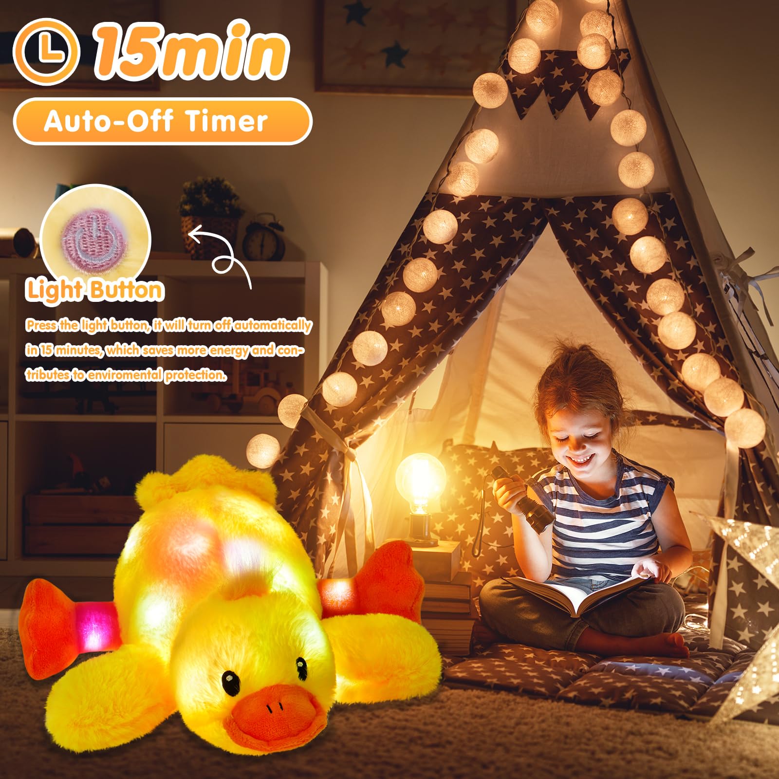 Glow Guards 12'' Musical Light Up Yellow Duck Stuffed Animal LED Glowing Singing Soft Plush Toy Pillow Night Lullaby Holiday Birthday Children's Day Gifts for Toddler Kids