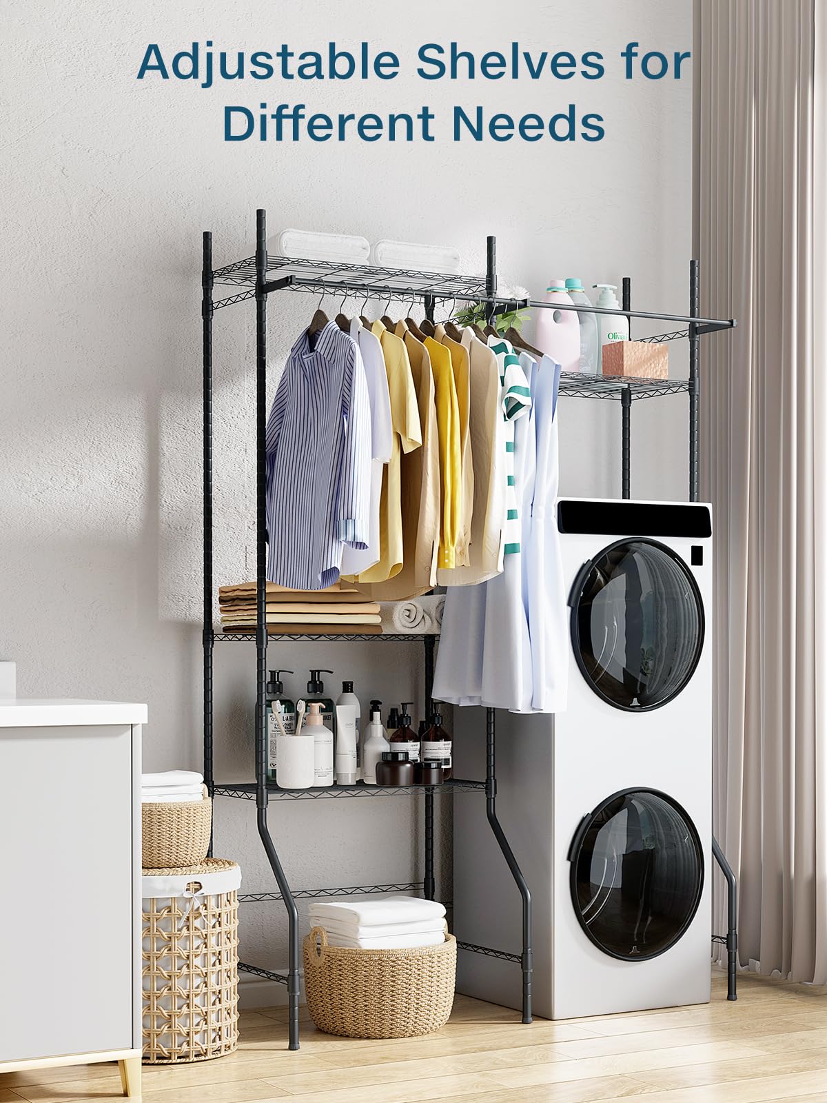 YORKING Clothes Drying Rack, Over The Washer and Dryer Storage Shelf with Adjustable Shelves, Space Saving Drying Rack for Laundry Room Easy Storage