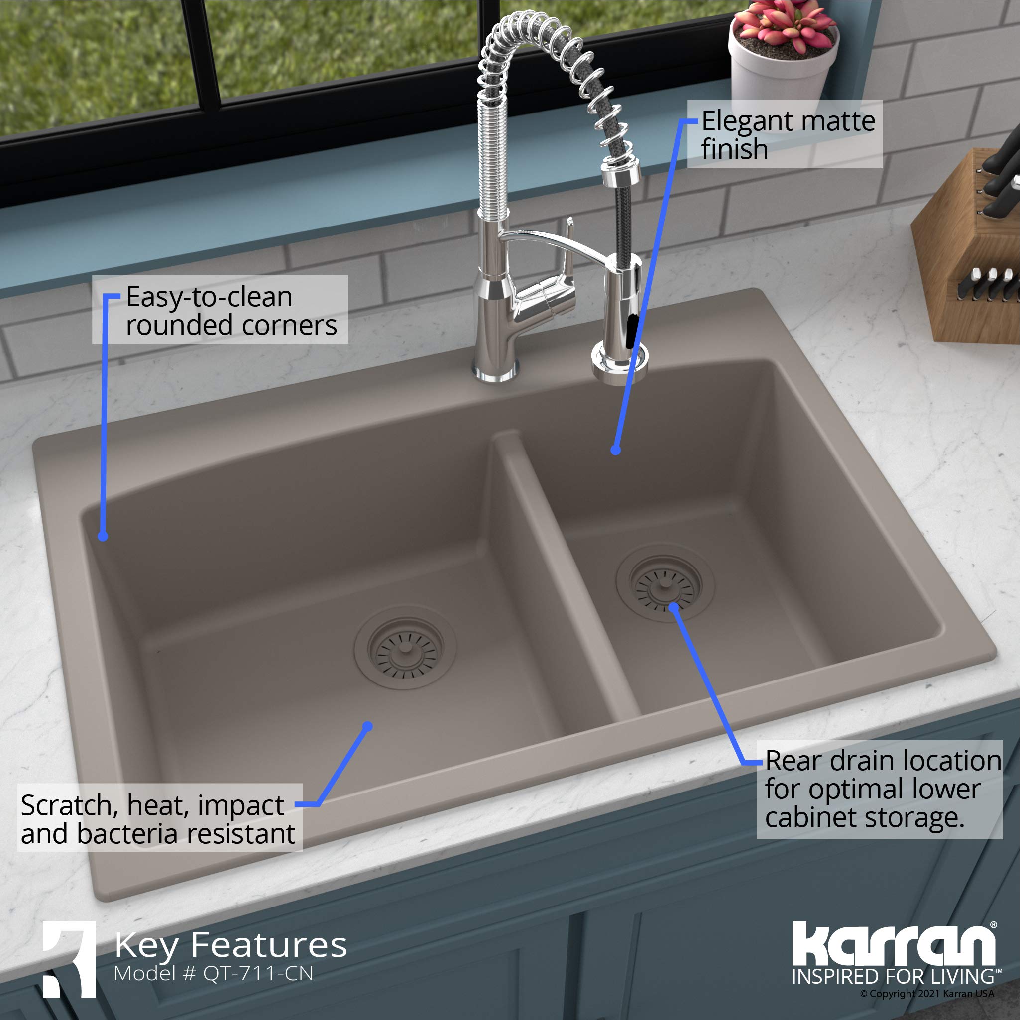 Karran QT-711 Drop-In Quartz Composite 33 in. 1-Hole 60/40 Double Bowl Kitchen Sink Kit in Concrete