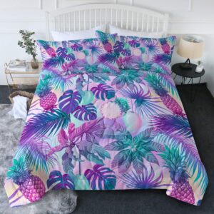 blessliving tropical watercolor comforter set 3 piece neon hawaiian mango pineapple fruit bed sets pastel pink turquoise violet ultra soft palm leaves print bedding (twin/twin xl)