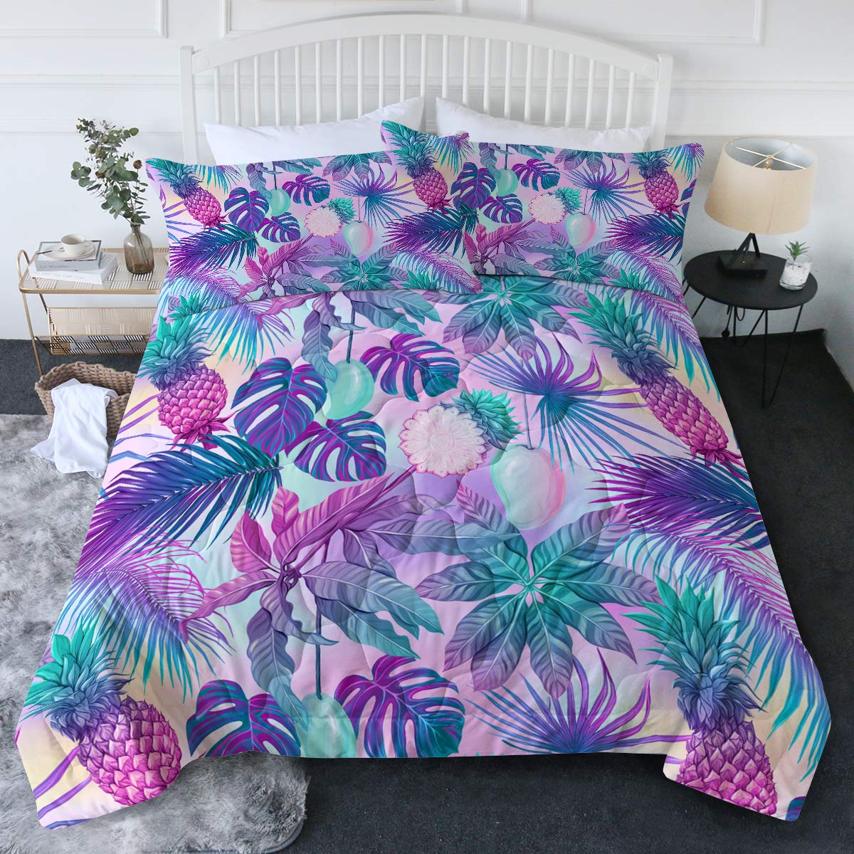 BlessLiving Tropical Watercolor Comforter Set 3 Piece Neon Hawaiian Mango Pineapple Fruit Bed Sets Pastel Pink Turquoise Violet Ultra Soft Palm Leaves Print Bedding (Twin/Twin XL)