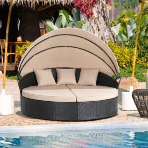 walsunny patio furniture outdoor lawn backyard poolside garden round daybed with retractable canopy wicker rattan, seating separates cushioned seats