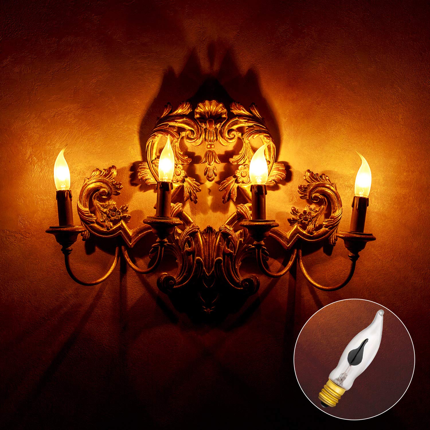 24 pcs Flicker Flame Light Bulb 3 Watt 120 Volt Flame Tip Halloween Chandelier Flickering Light Bulbs Christmas Replacement Orange Glow Bulbs Crystal Clear Candle Bulb for E12 Candelabra Base