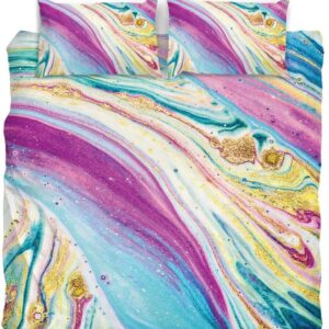 Sleepwish Marble Duvet Cover Set Modern Liquid Marble Colorful Duvet Cover 3 Pieces Abstract Rainbow Bedspreads Full King Size（Purple Turquoise and Gold）