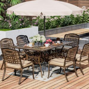 TITIMO 7-Piece Outdoor Furniture Dining Set, All-Weather Cast Aluminum Conversation Set Includes 1 Rectangular Table and 6 Chairs with Khaki Cushions and Umbrella Hole for Patio Garden Deck