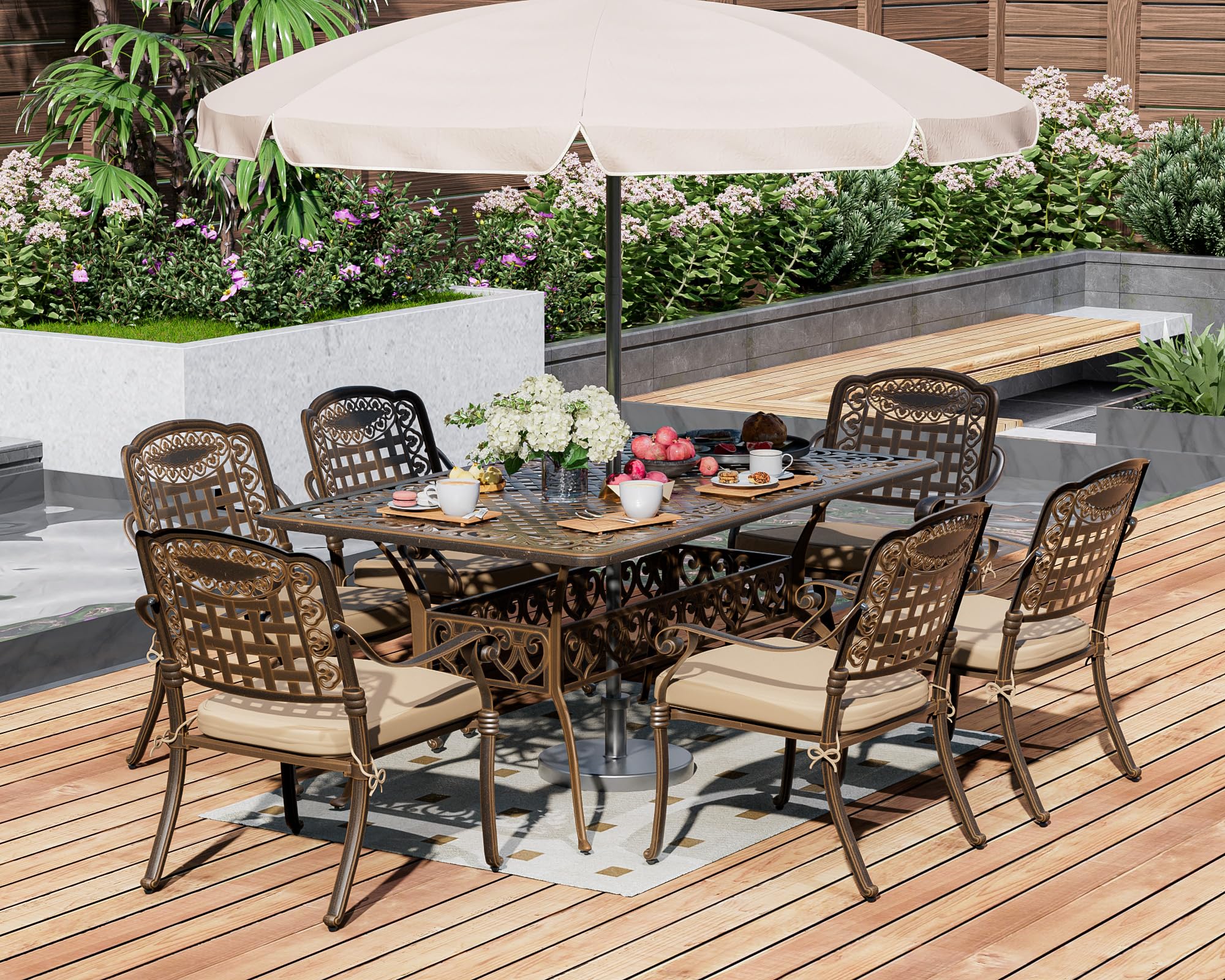 TITIMO 7-Piece Outdoor Furniture Dining Set, All-Weather Cast Aluminum Conversation Set Includes 1 Rectangular Table and 6 Chairs with Khaki Cushions and Umbrella Hole for Patio Garden Deck