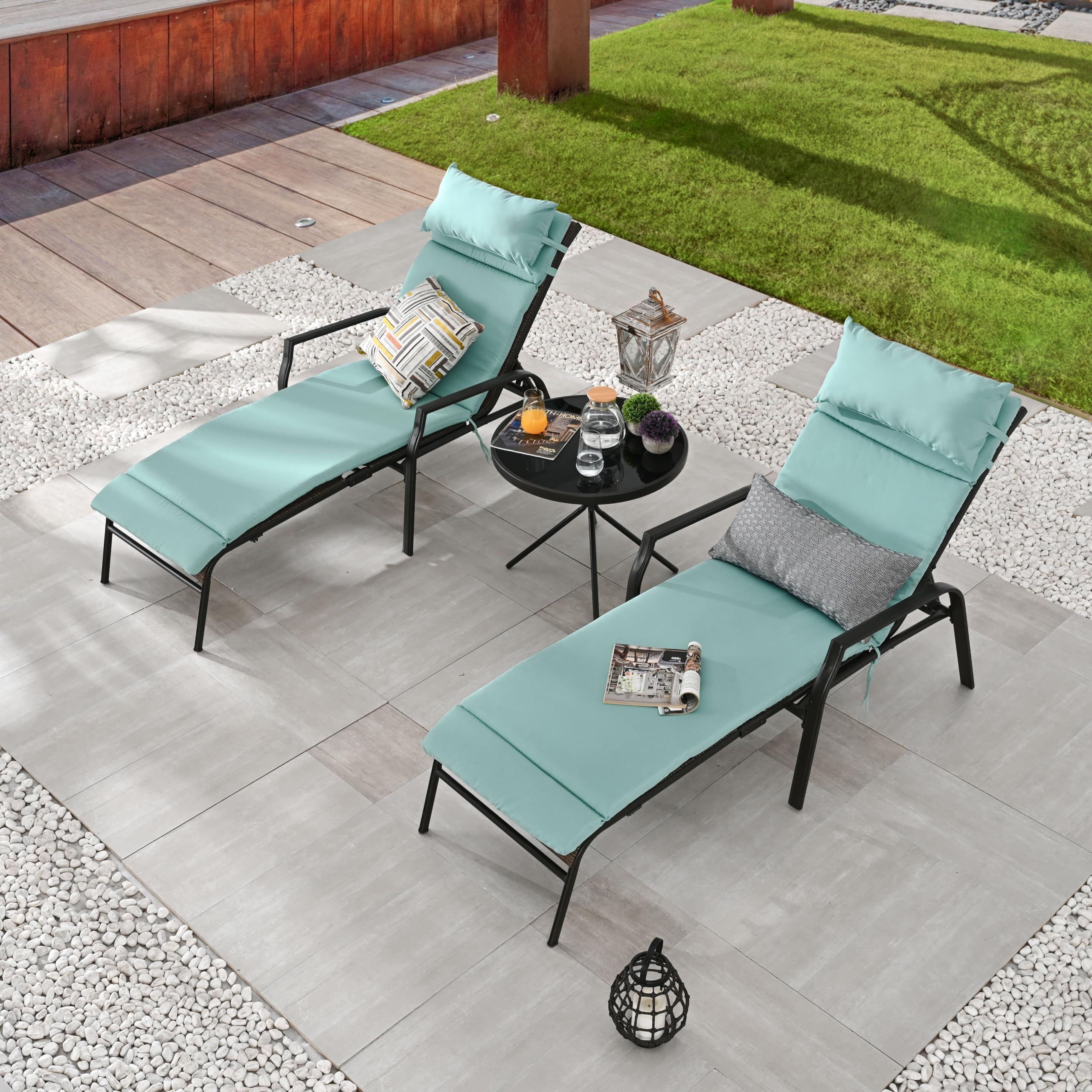 Festival Depot 3 Pieces Chaise Lounge Set of 2 Patio Chairs with Adjustable Back Removable Cushions and 1 Bistro Table Outdoor Furniture for Pool Lawn Deck Garden (Light Blue)