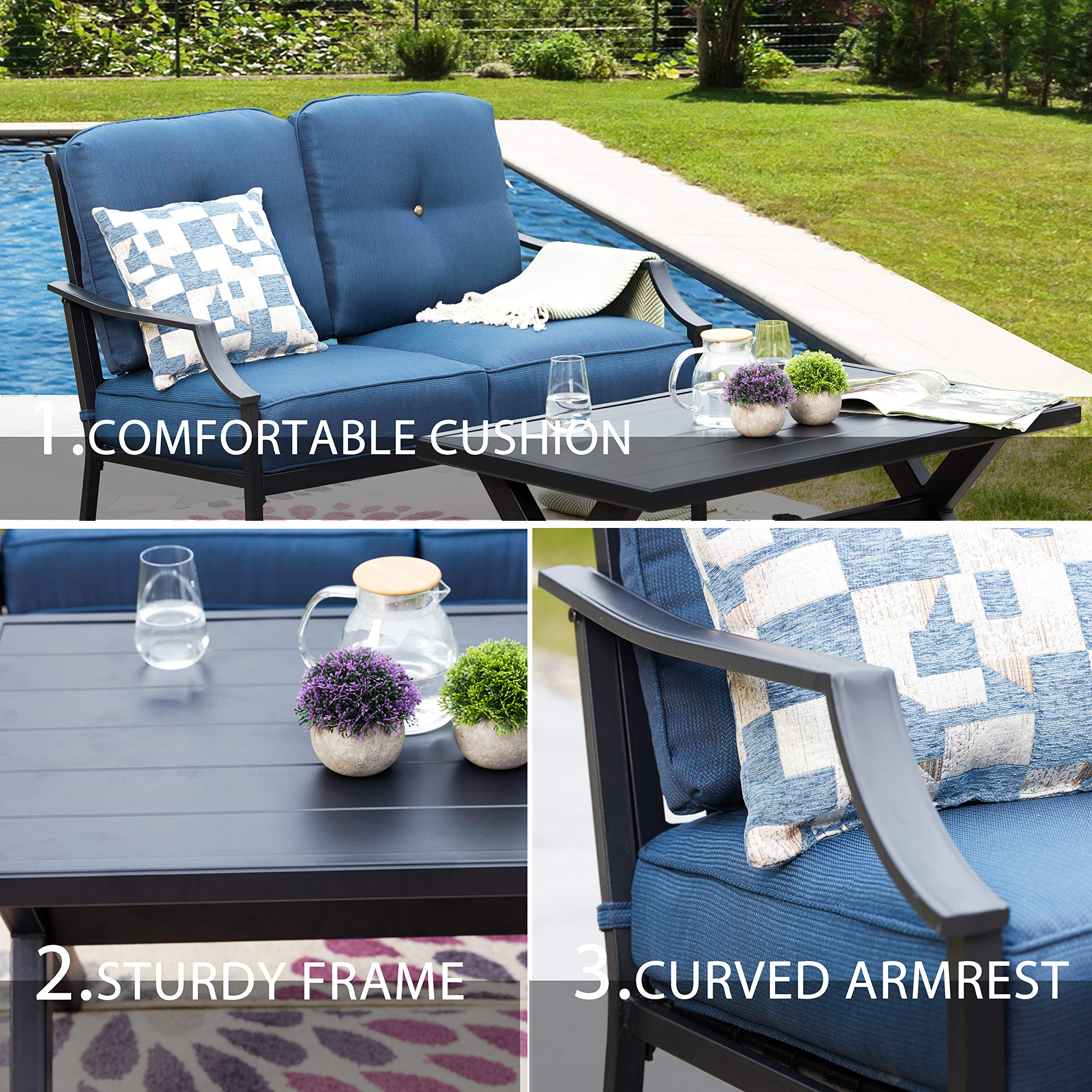 LOKATSE HOME 2 Pieces Outdoor Patio Conversation Furniture Metal Bench Sofa Set Loveseat with Cushion and Coffee Table, Blue