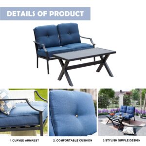 LOKATSE HOME 2 Pieces Outdoor Patio Conversation Furniture Metal Bench Sofa Set Loveseat with Cushion and Coffee Table, Blue