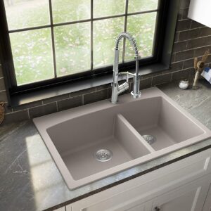 Karran QT-711 Drop-In Quartz Composite 33 in. 1-Hole 60/40 Double Bowl Kitchen Sink Kit in Concrete