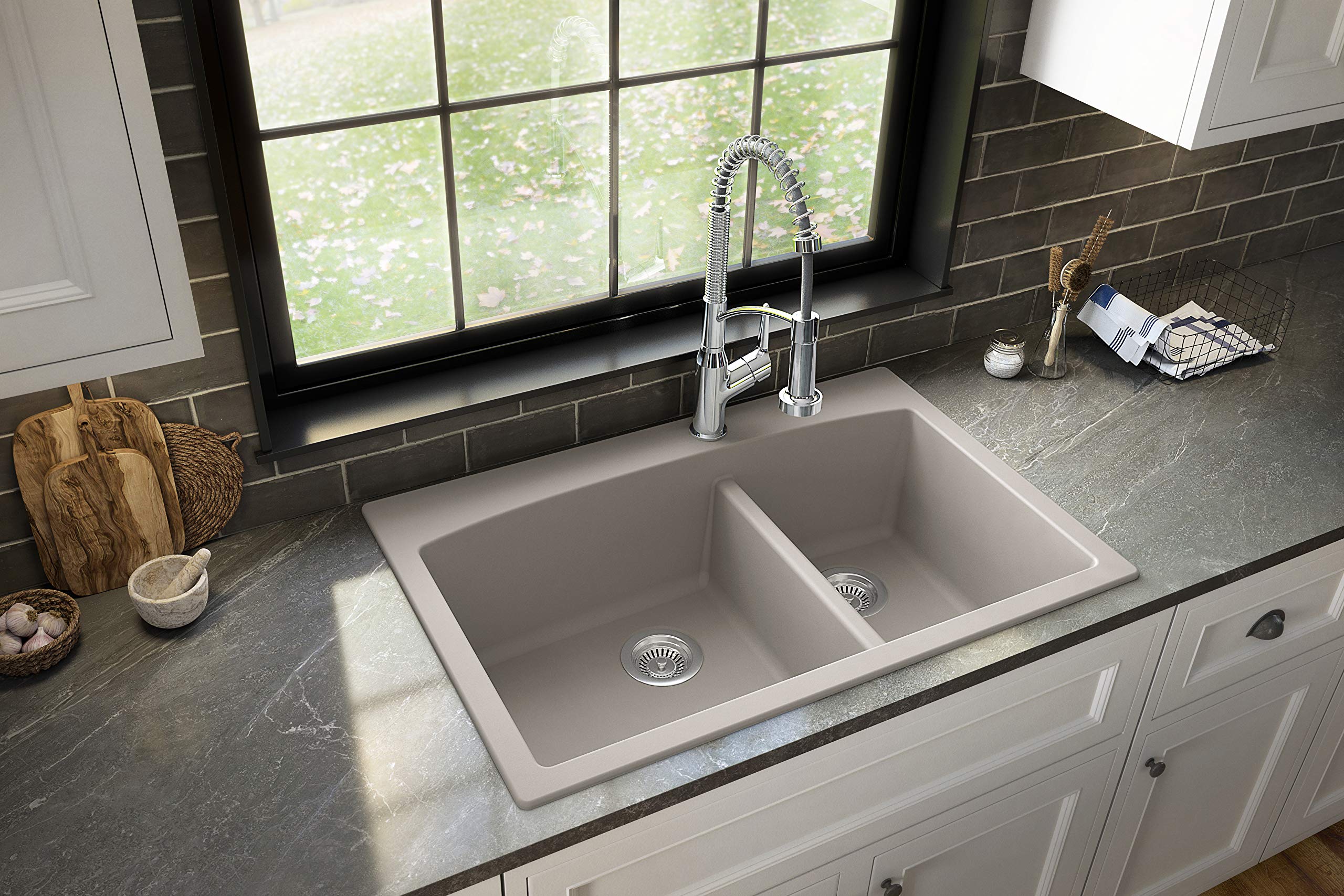 Karran QT-711 Drop-In Quartz Composite 33 in. 1-Hole 60/40 Double Bowl Kitchen Sink Kit in Concrete