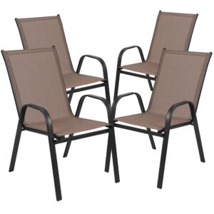 flash furniture brazos series outdoor stackable patio chairs with flex comfort material, stacking outdoor modern sling patio chairs, brown (pack of 4)