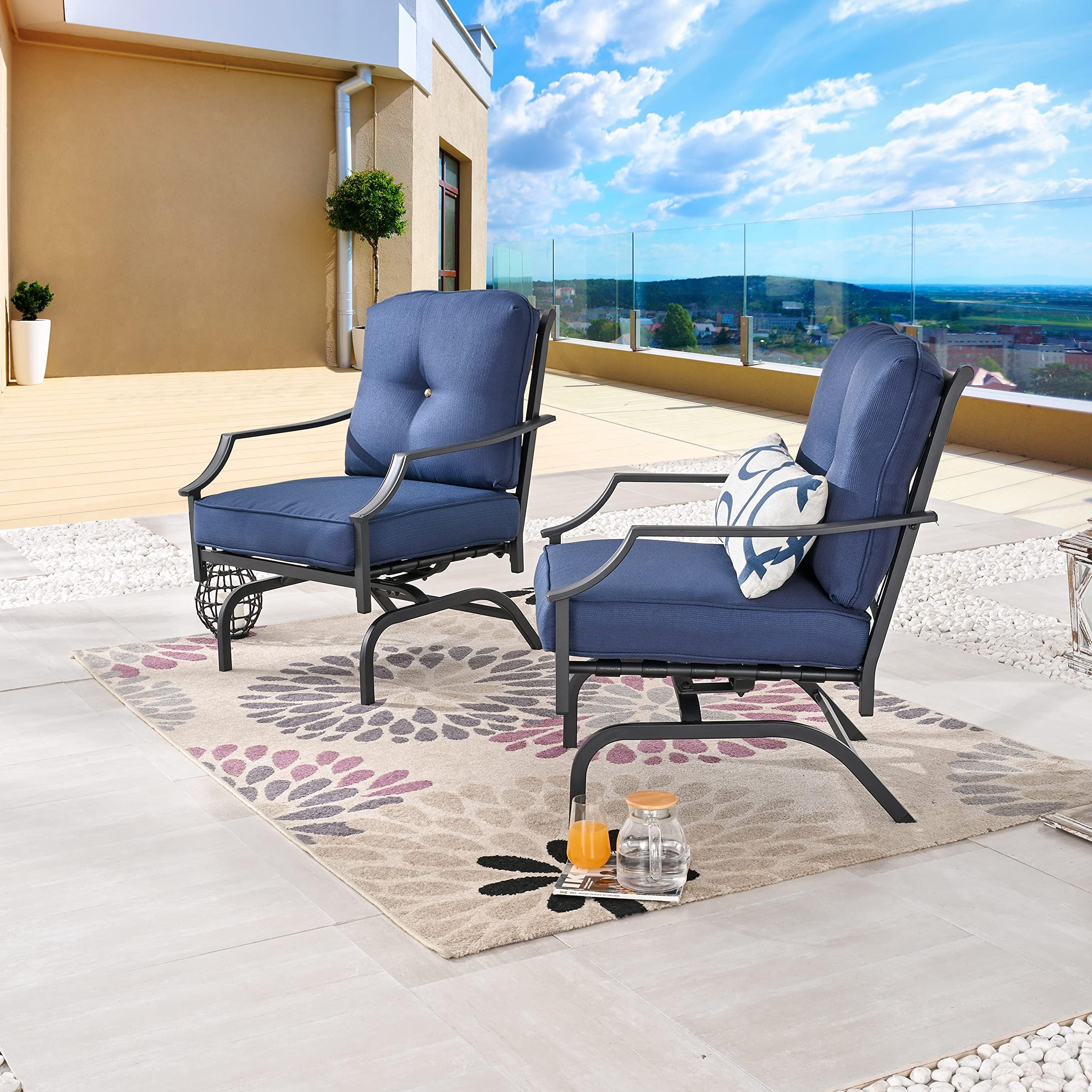 LOKATSE HOME 2 Pieces Outdoor Conversation Furniture Patio Bistro Armchair Set Metal Single Dining Cushion, 2 Chairs, Blue