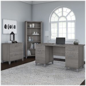 Bush Furniture Somerset 60W Office Desk with Lateral File Cabinet and 5 Shelf Bookcase in Platinum Gray