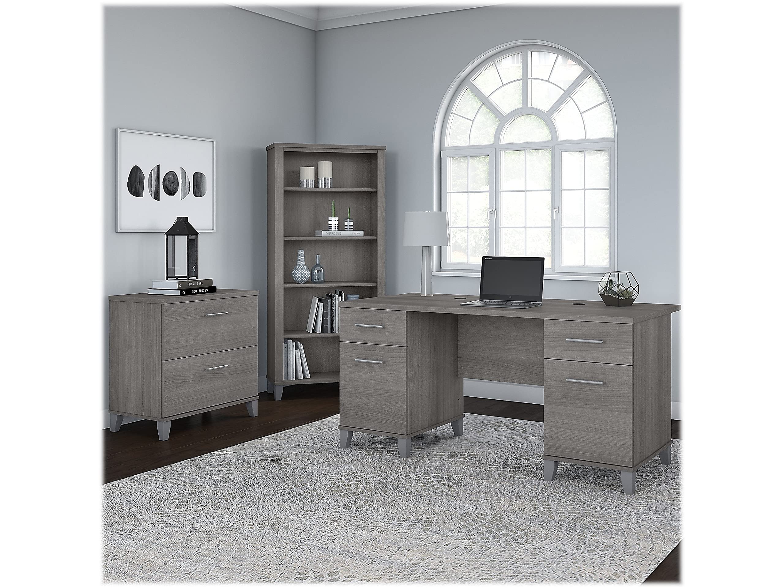 Bush Furniture Somerset 60W Office Desk with Lateral File Cabinet and 5 Shelf Bookcase in Platinum Gray