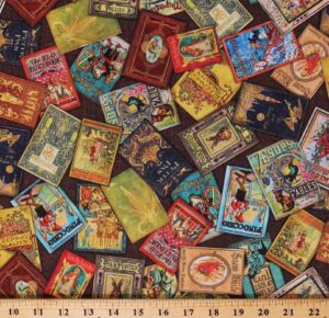 liphontcta cotton library books covers authentic antique-look classics fairytales library of rarities cotton fabric print by the yard (d775.85)