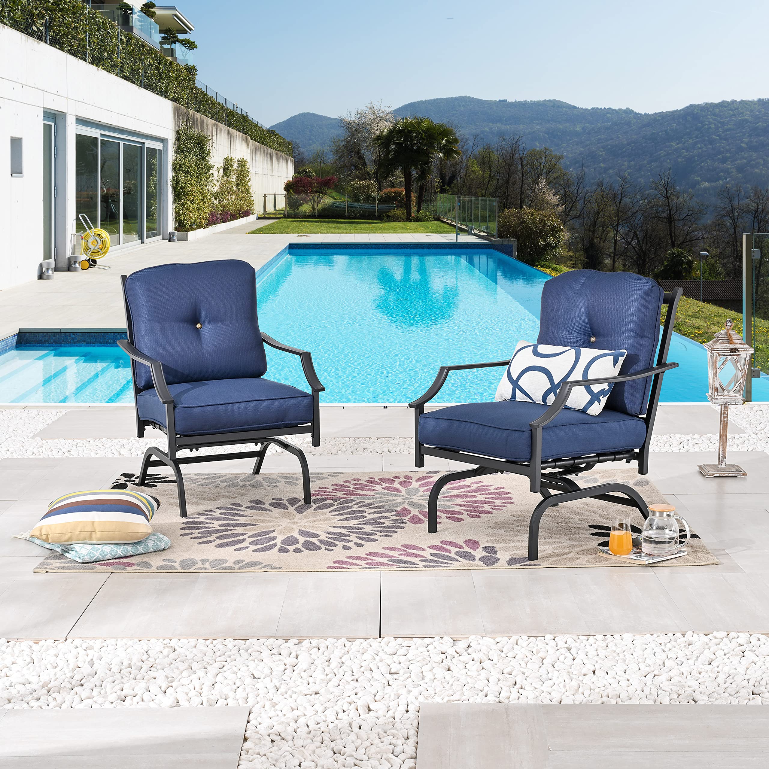 LOKATSE HOME 2 Pieces Outdoor Conversation Furniture Patio Bistro Armchair Set Metal Single Dining Cushion, 2 Chairs, Blue