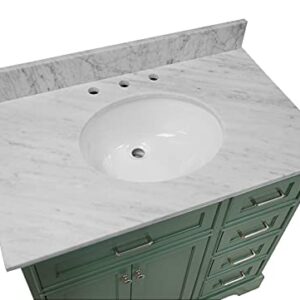 Aria 36-inch Bathroom Vanity (Carrara/Sage Green): Includes Sage Green Cabinet with Authentic Italian Carrara Marble Countertop and White Ceramic Sink