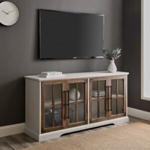 Walker Edison Modern Glass and Wood Universal TV Stand with 4 Door Storage For TV's up to 64" Flat Screen Living Room Storage Entertainment Center, 58 Inch, Rustic Oak