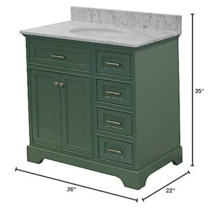 Aria 36-inch Bathroom Vanity (Carrara/Sage Green): Includes Sage Green Cabinet with Authentic Italian Carrara Marble Countertop and White Ceramic Sink