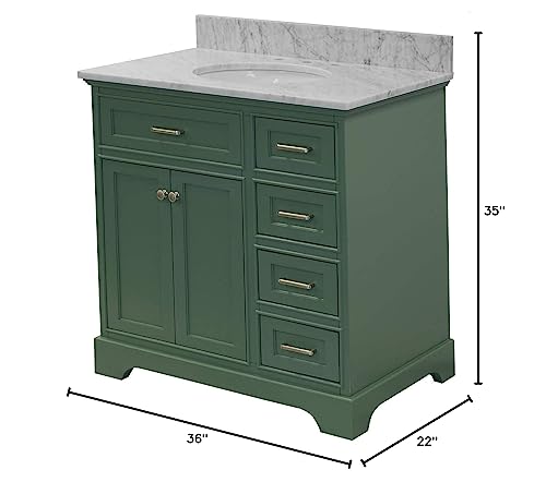 Aria 36-inch Bathroom Vanity (Carrara/Sage Green): Includes Sage Green Cabinet with Authentic Italian Carrara Marble Countertop and White Ceramic Sink