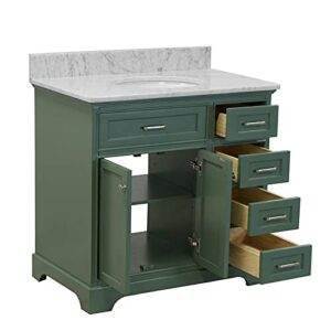 Aria 36-inch Bathroom Vanity (Carrara/Sage Green): Includes Sage Green Cabinet with Authentic Italian Carrara Marble Countertop and White Ceramic Sink