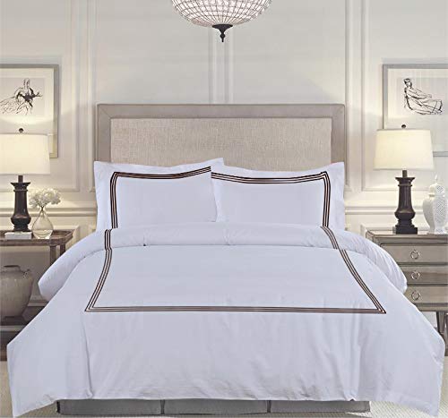 BedDecor 3 Piece 3 Line Embroidery Duvet Set with Zipper & Corner Ties 100% Egyptian Cotton 500 Thread Count Premium Hotel Quality Decorative Bedding (Chocolate,King/California King)