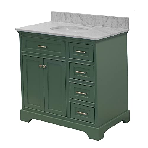 Aria 36-inch Bathroom Vanity (Carrara/Sage Green): Includes Sage Green Cabinet with Authentic Italian Carrara Marble Countertop and White Ceramic Sink