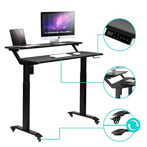 UNICOO Electric Height Adjustable 2-Tier Raising Desk with Wheels, Mobile Standing Desk with Monitor Stand, Ergonomic Adjustable Standing Desk, Electric Standing Game Desk for Home Office