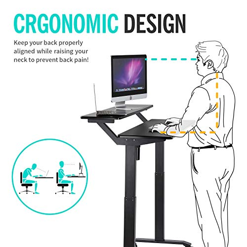 UNICOO Electric Height Adjustable 2-Tier Raising Desk with Wheels, Mobile Standing Desk with Monitor Stand, Ergonomic Adjustable Standing Desk, Electric Standing Game Desk for Home Office